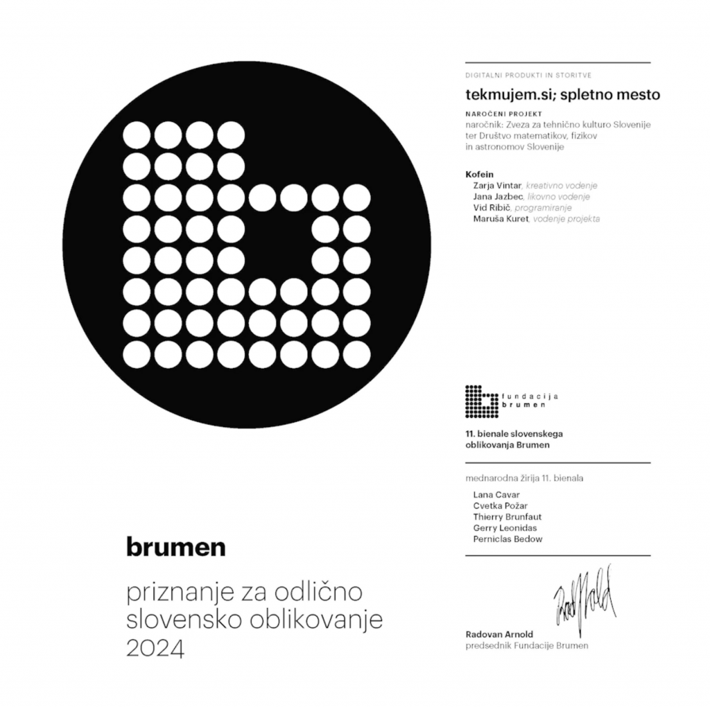 BRUMEN 2024, priznanje za odlično slovensko oblikovanje za TEKMUJEM.SI ...